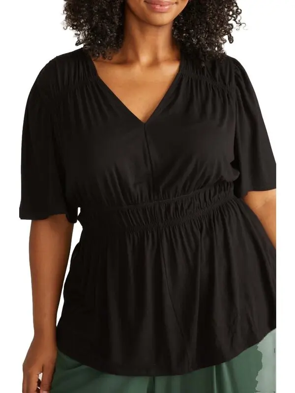 Universal Standard Liquid Jersey Peplum Top With V-neck And Elbow-length Sleeves - Black