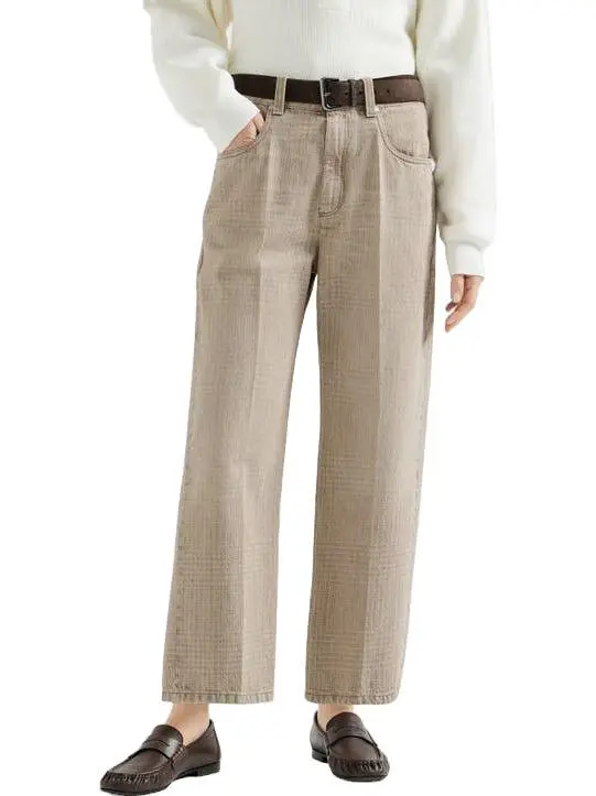 Brunello Cucinelli Prince Of Wales Denim Trousers With Monili - Sand