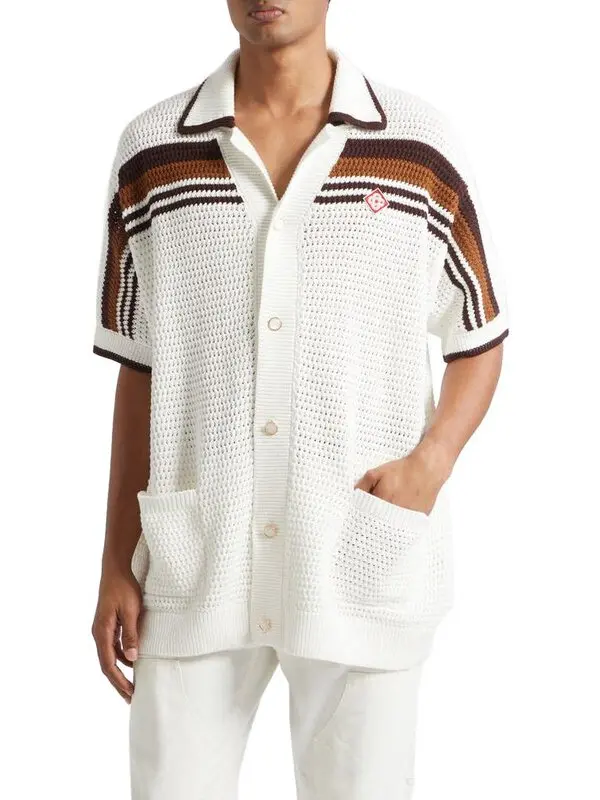 Casablanca Tennis Stripe Short Sleeve Crochet Button-up Shirt - Cotton