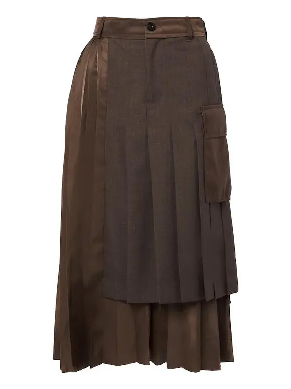 Sacai Layered Pleated Midi Skirt - Brown