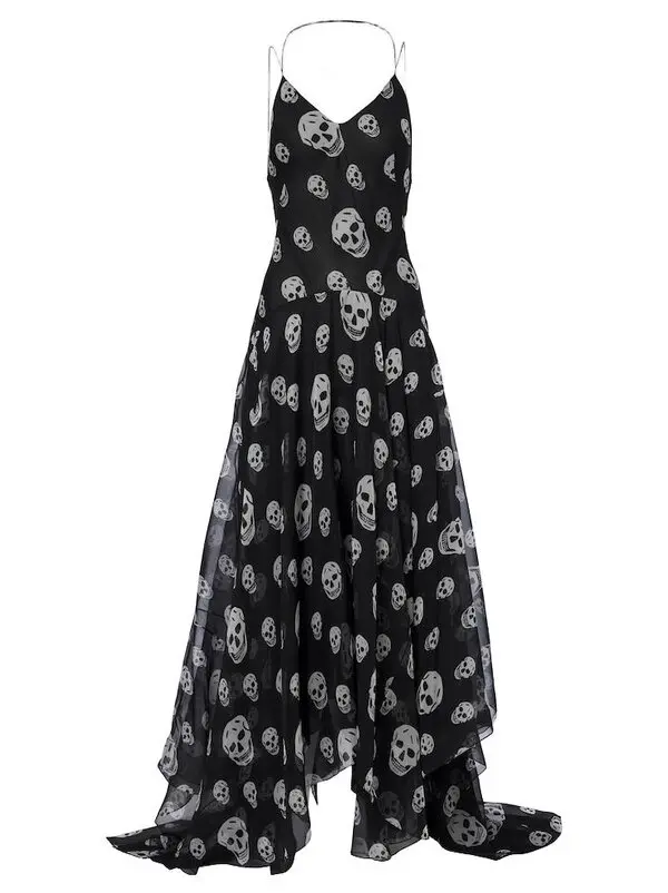 Alexander McQueen Skull Print Silk Chiffon Maxi Dress - Black