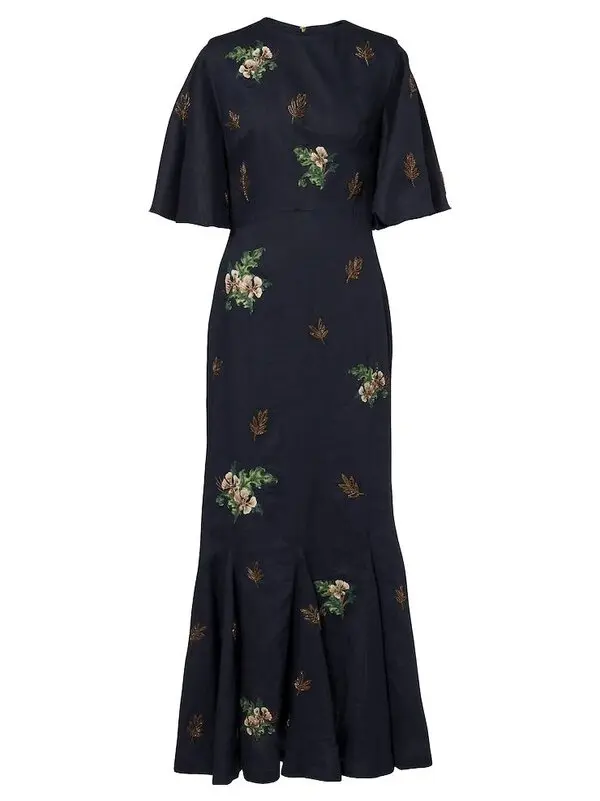Agua Bendita Anhelo" Floral Linen Maxi Dress - Blue
