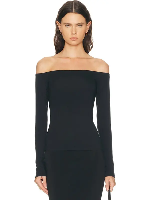 SKIMS Smooth Layers Long Sleeve Off The Shoulder Top - Obsidian