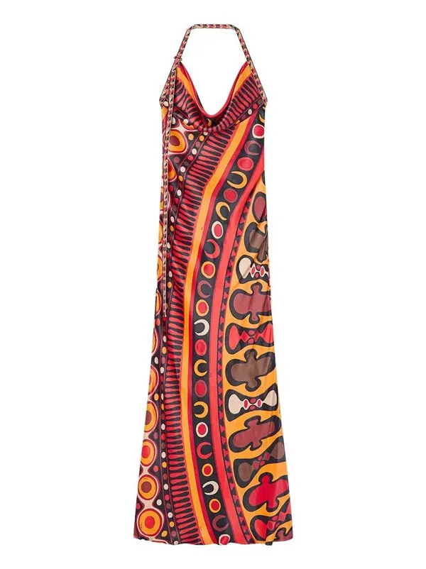 Emilio Pucci Soleil Print Satin Halter Neck Dress - Orange