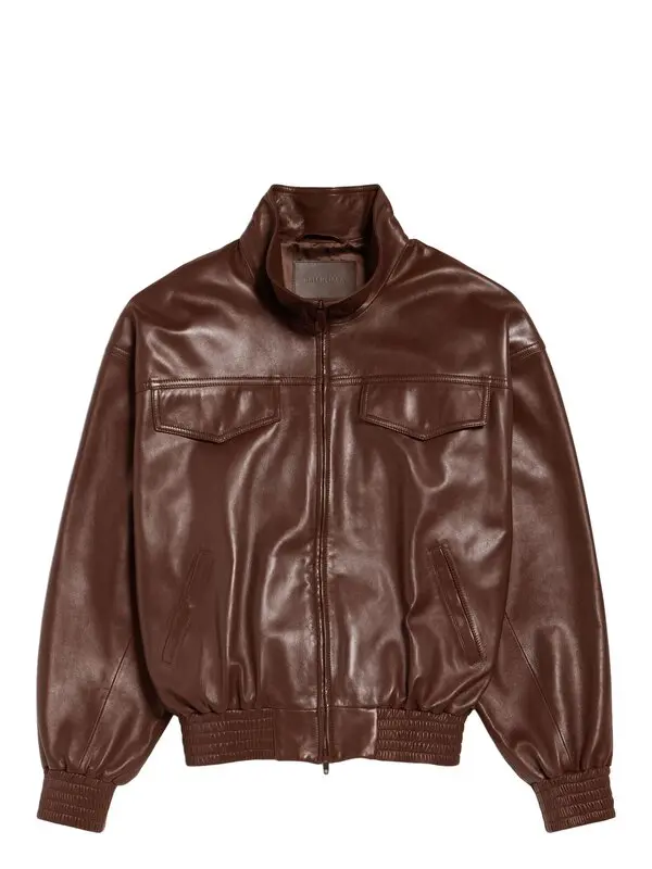 Balenciaga High Collar Bomber In Smooth Light Lambskin - Brown