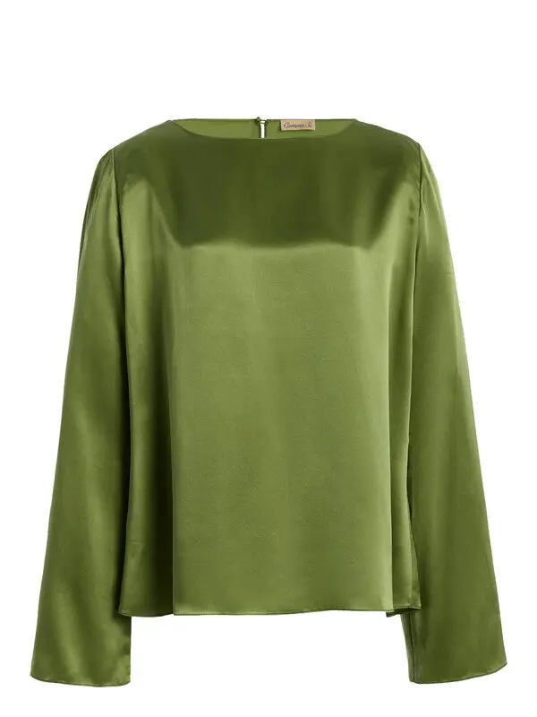Comme Si Bell Sleeve Silk Top - Green