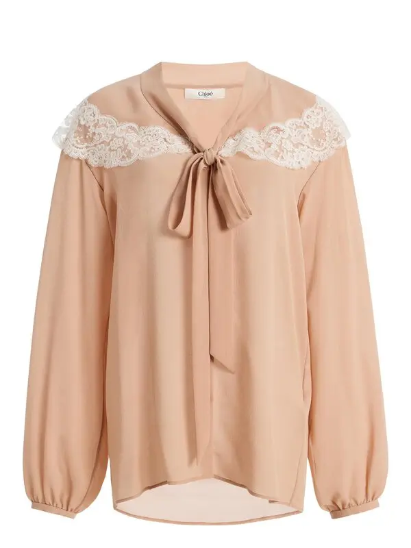 Chloé Silk Top With Lace Trim And Bow Detail - Pink