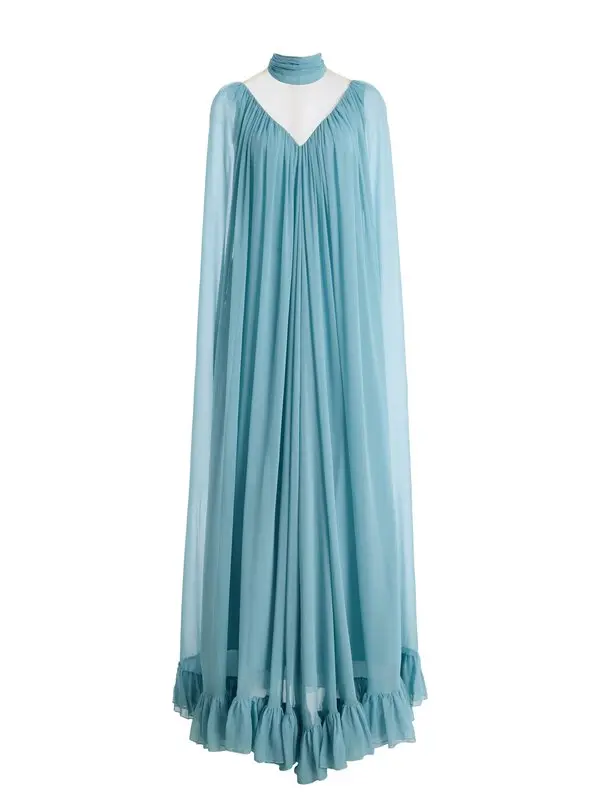 RODARTE Pleated Cape Chiffon Gown - Blue