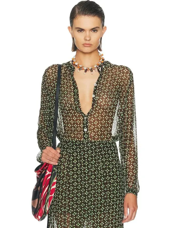 Chan Luu Button Up Top In Multi-print Sheer Viscose - Espresso