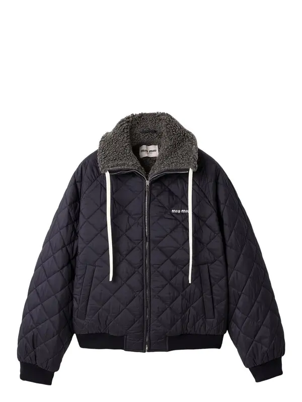 Miu Miu Quilted Down Jacket With Embroidered Logo - Navy