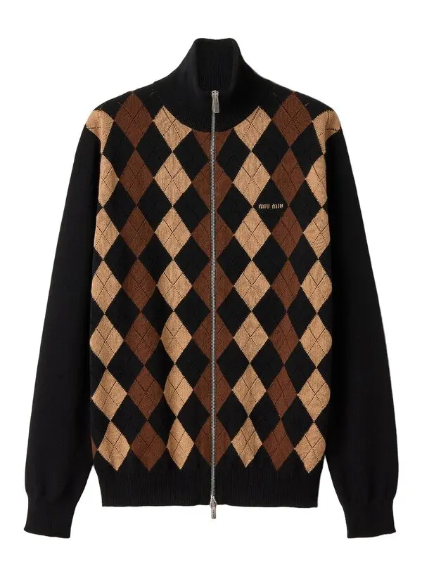 Miu Miu Oversized Argyle Cashmere Cardigan - Black