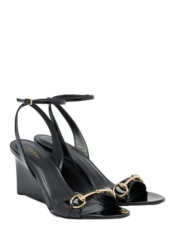 Gucci Donna Patent Leather Wedge Sandals - Black