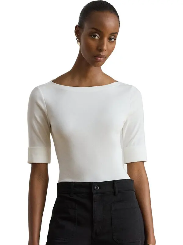 Ralph Lauren Stretch Cotton Boatneck Tee With "lrl" Monogram - White