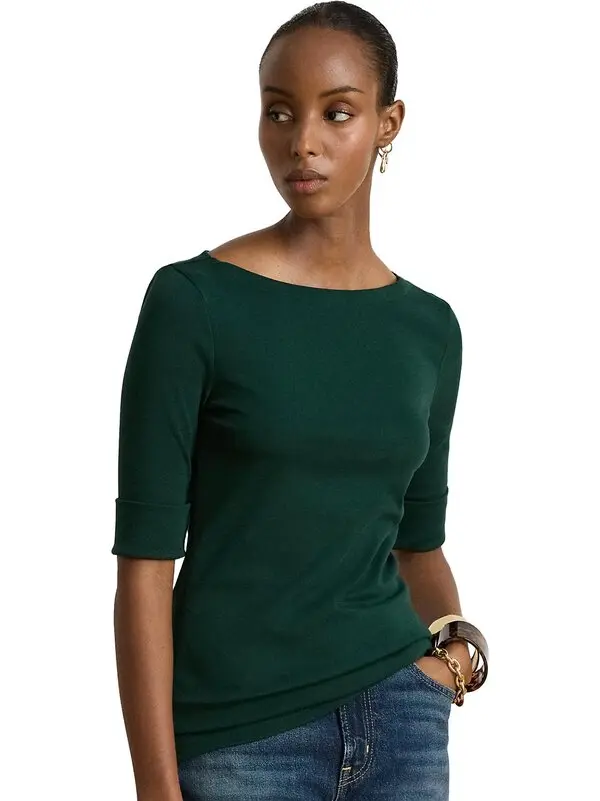Ralph Lauren Stretch Cotton Boatneck Tee With "lrl" Monogram - Moss Agate