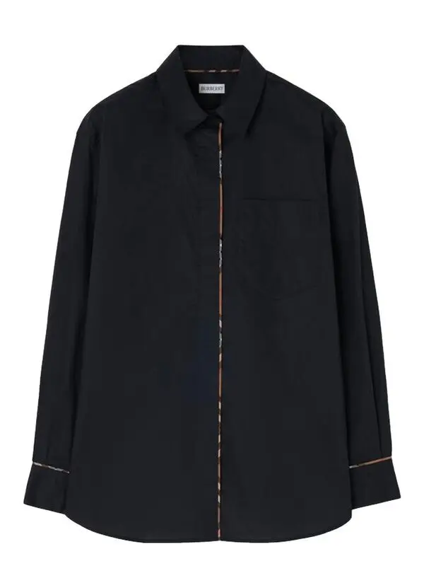 Burberry Relaxed Fit Cotton Shirt With Check Piping - Navy