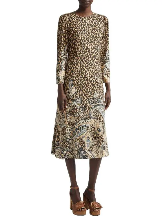 Etro Mixed Print Long Sleeve Midi Dress - Beige