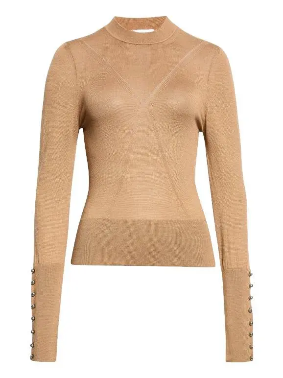 Rabanne Wool & Silk Crewneck Sweater With Button Detail - Camel