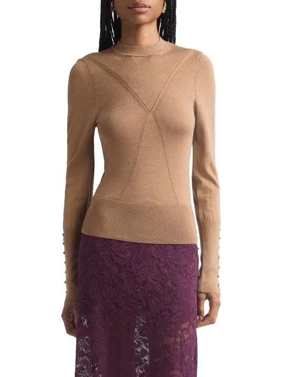 Rabanne Wool & Silk Crewneck Sweater With Button Detail - Camel