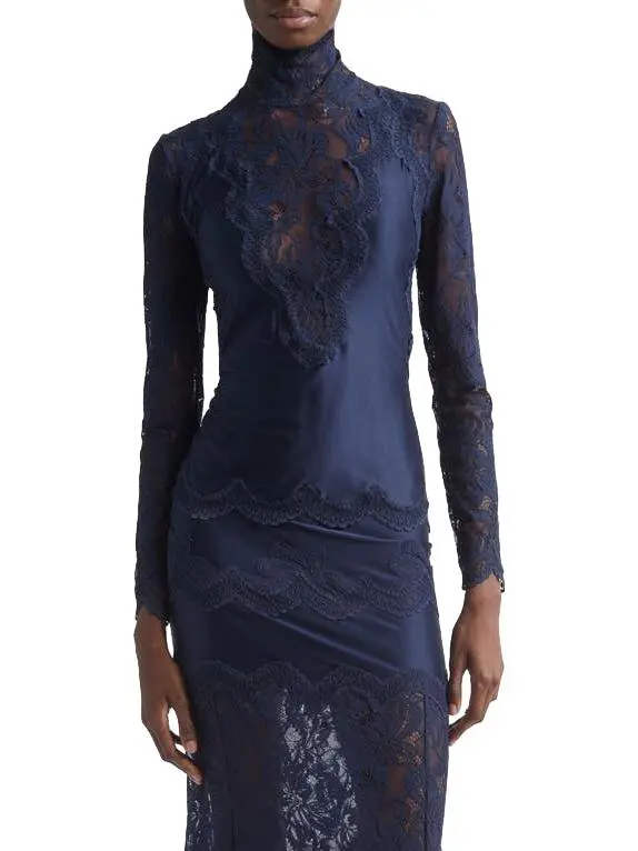 Rabanne Lace And Jersey Mock Neck Long Sleeve Top - Deep Navy