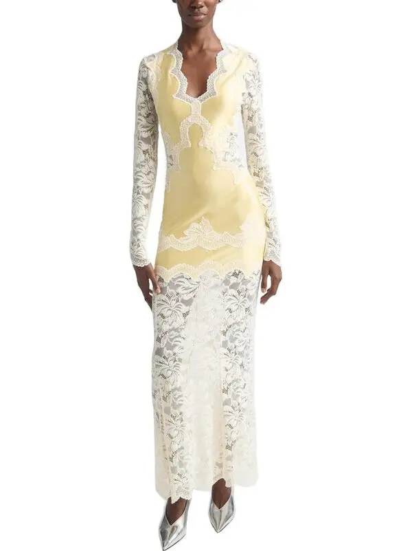Rabanne Long Sleeve Mixed Media Lace Dress - Ivory