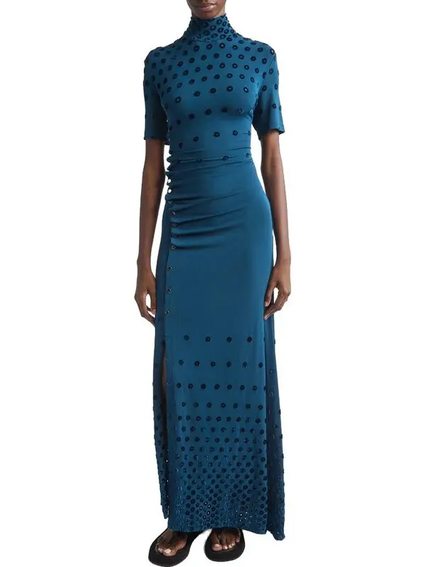Rabanne Flocked Dot Cutout Jersey Gown - Deep Lake
