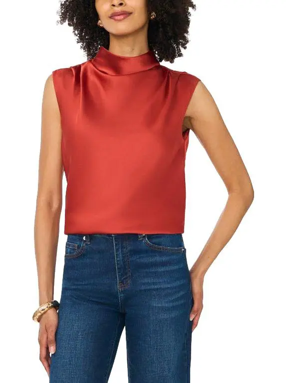 Vince Camuto Mock Neck Satin Top With Shoulder Pleats - Fireside