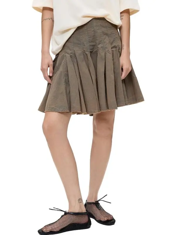 Desigual Pleated Cotton Miniskirt With Raw Edge Hem - Gray