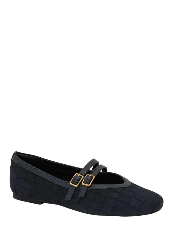 REISS Eliza Mary Jane Flat With Embossed Texture And Double Buckle Straps - Navy