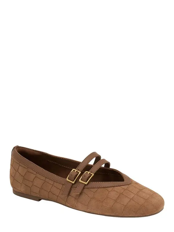 REISS Eliza Mary Jane Flat With Embossed Texture And Double Buckle Straps - Tan