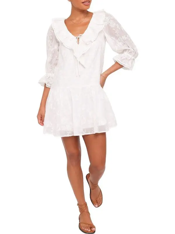 PETAL & PUP Embroidered Floral V-neck Mini Dress - White
