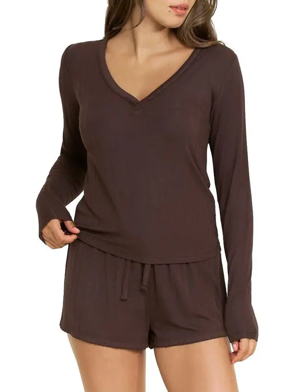 Honeydew Intimates Cloud Modal Long Sleeve V-neck Henley - Chocolate