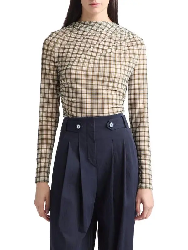 Veronica Beard Nuwina Check Ruched Top - Loden Multi