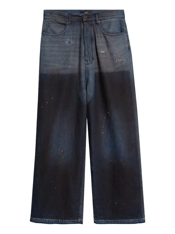 Amiri Faded Fray Hem Wide Leg Carpenter Jeans - Dark Dust