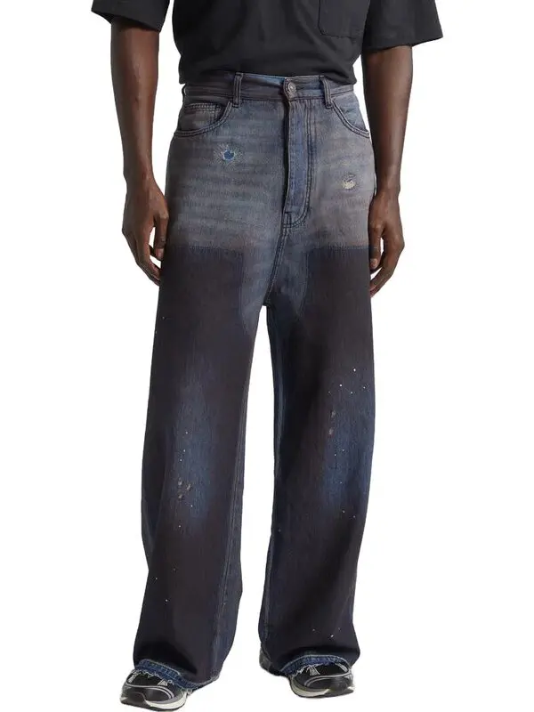 Amiri Faded Fray Hem Wide Leg Carpenter Jeans - Dark Dust