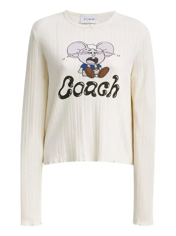 BRAIN DEAD X Coach Long Sleeve Graphic Pointelle Top - Cream