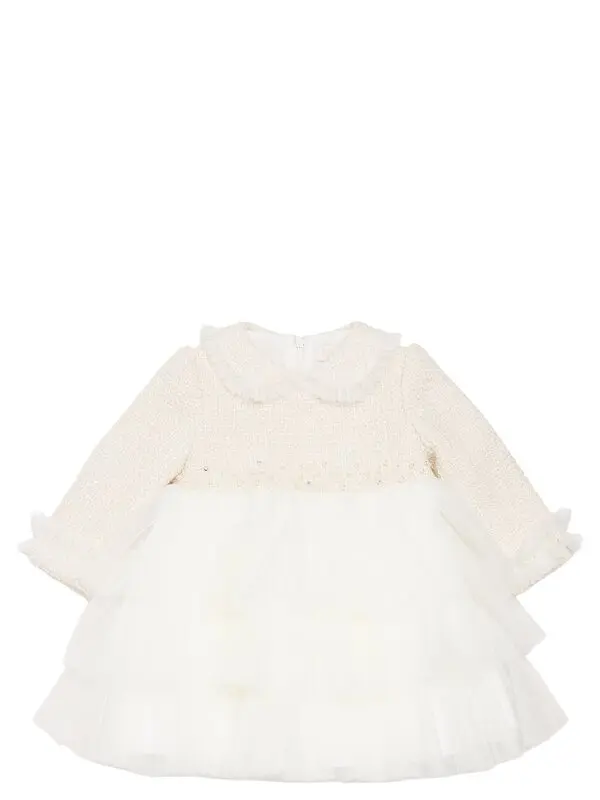BIMBALO Tweed And Tulle Dress With Pearl Embellishments - Ivory