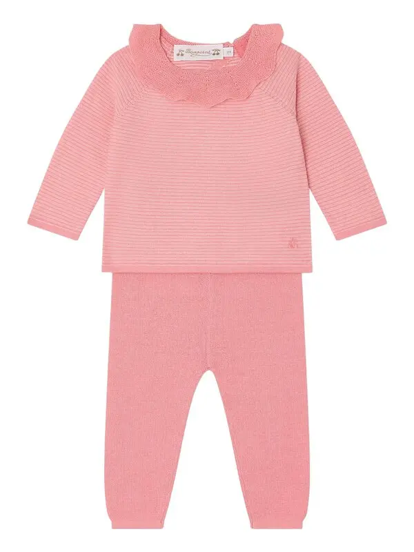 Bonpoint Cotton Sweater And Trousers Set With Ruffle Collar - Pink