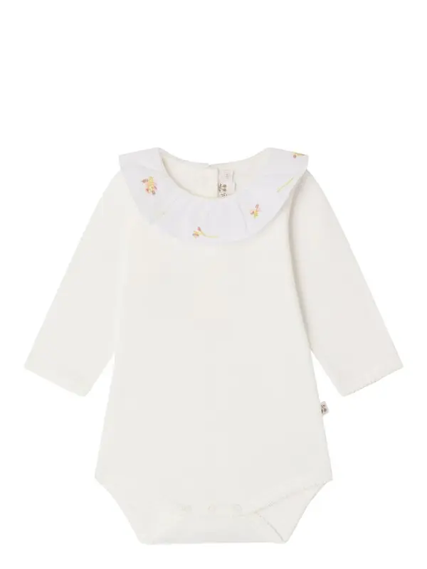 Bonpoint Organic Cotton June Bodysuit With Embroidered Ruffle Collar - White