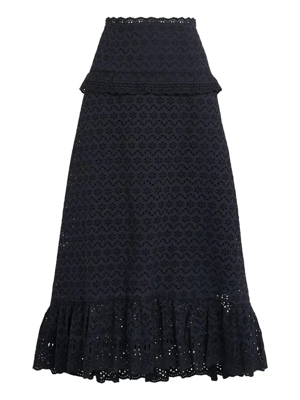 Ulla Johnson Broderie Anglaise Violetta Midi Skirt - Navy