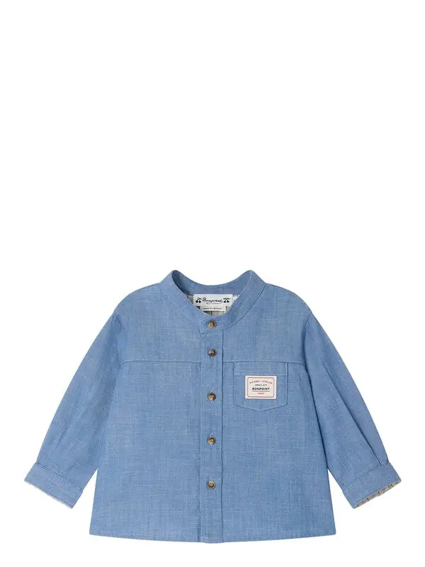 Bonpoint Cotton Shirt With Band Collar - Blue