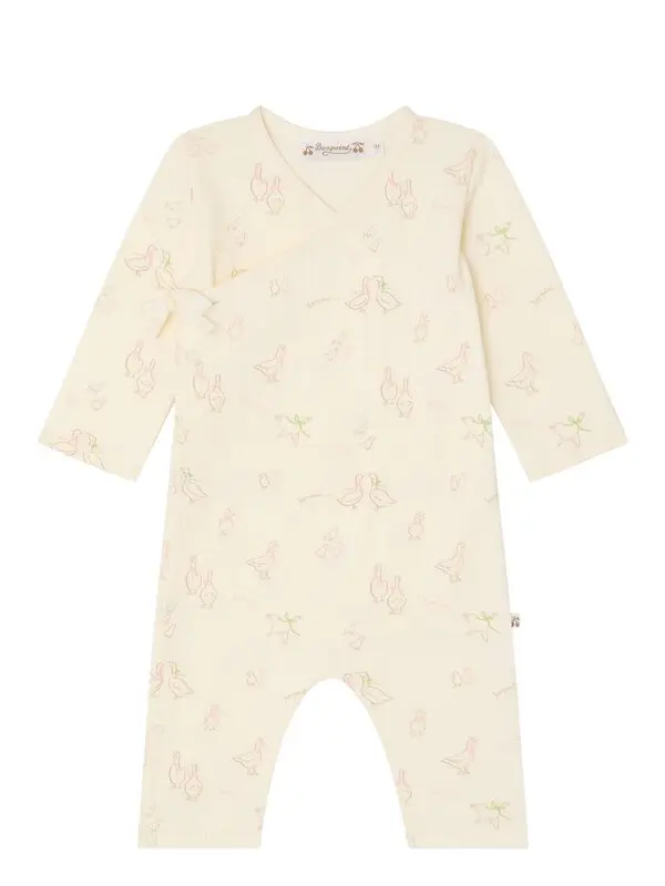 Bonpoint Cotton All-in-one With Goose Print And Bow Detail - White