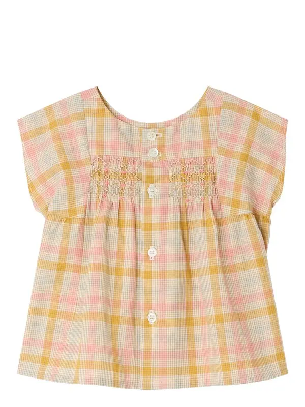 Bonpoint Cotton Check Blouse With Ruffle Sleeves - Pink