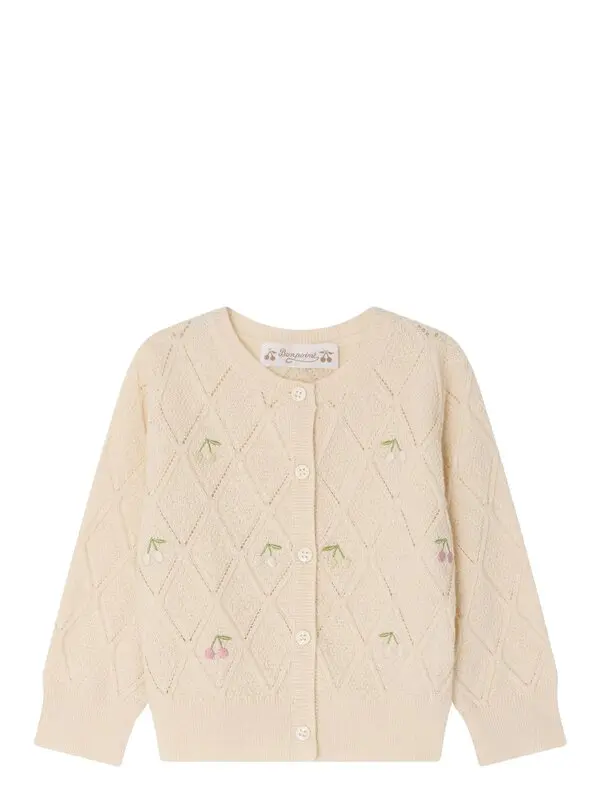 Bonpoint Wool-blend Cardigan With Cherry Appliqu - Ivory