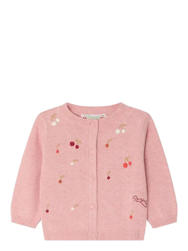 Bonpoint Cotton Cherry Appliqué Cardigan - Pink