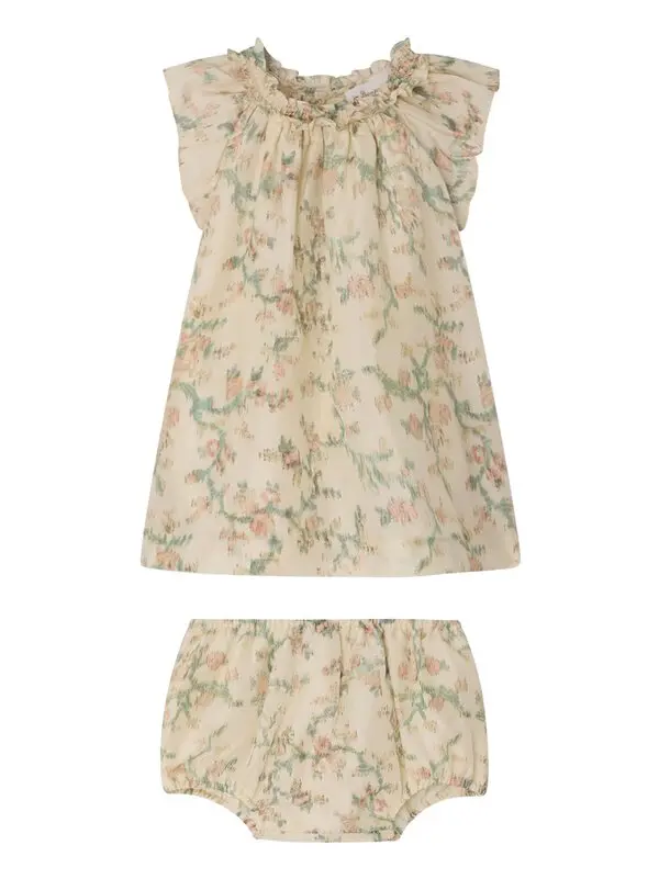 Bonpoint Silk Floral Print Dress And Bloomers Set - Green