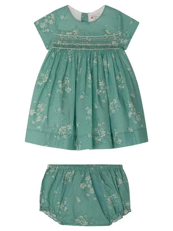 Bonpoint Floral Print Smocked Dress And Bloomers Set - Green