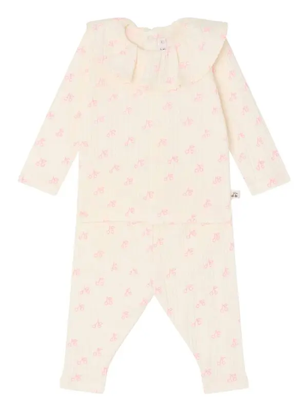 Bonpoint Cotton Ruffled-collar Cherry Print Top And Trousers Set - Pink