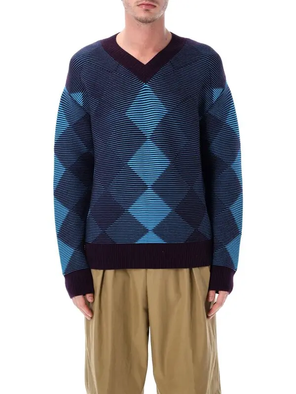Dries Van Noten Geometric Knit V-neck Sweater - Turquoise
