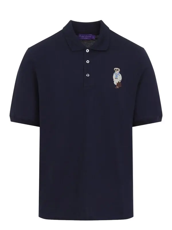 Ralph Lauren Purple Label Bear Polo Shirt In Cotton Cashmere - Blue