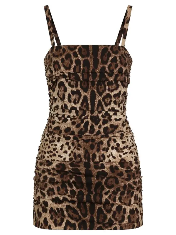 Dolce & Gabbana Leopard Print Ruched Mini Dress - Marrone
